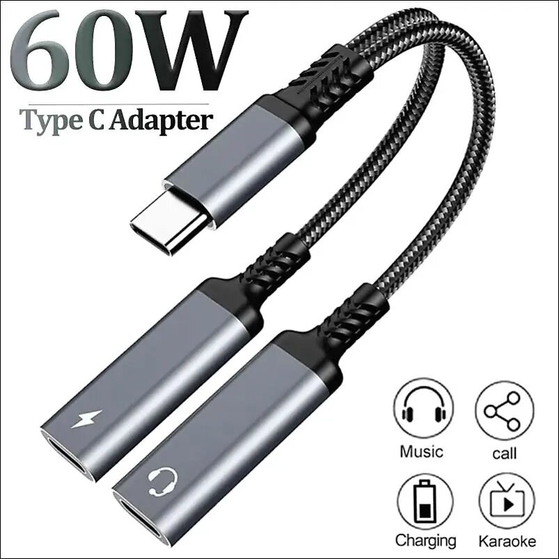 2in1 USB C Splitter для двойного типа Type C to 3.5mm Headphone Jack Аудио адаптер PD 60W Быстрое зарядное устройство для Samsung Huawei iPhone15 16 Xiaomi