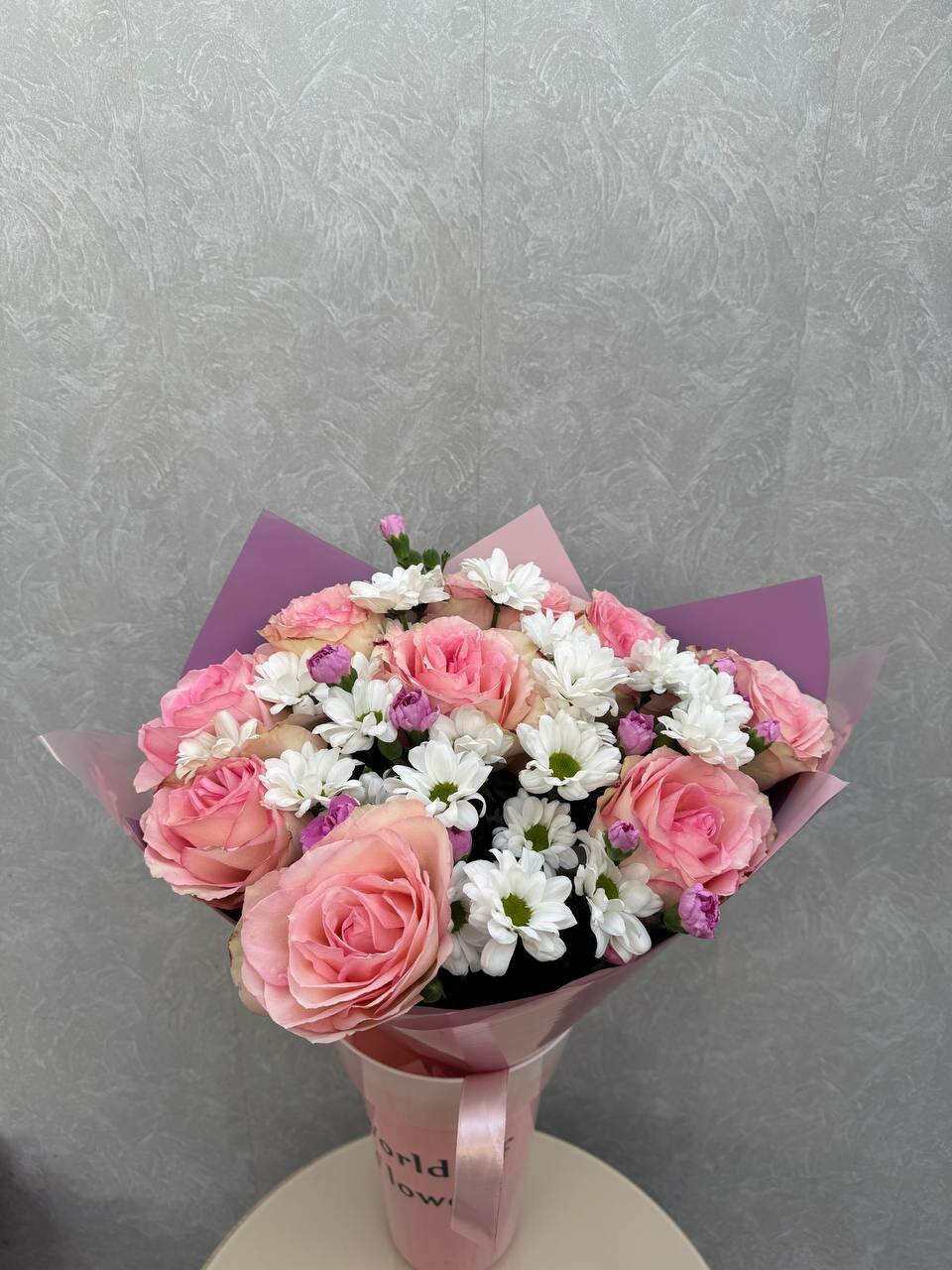 Букет "Розовая фантазия" , французская роза , кустовой диантус , хризантема