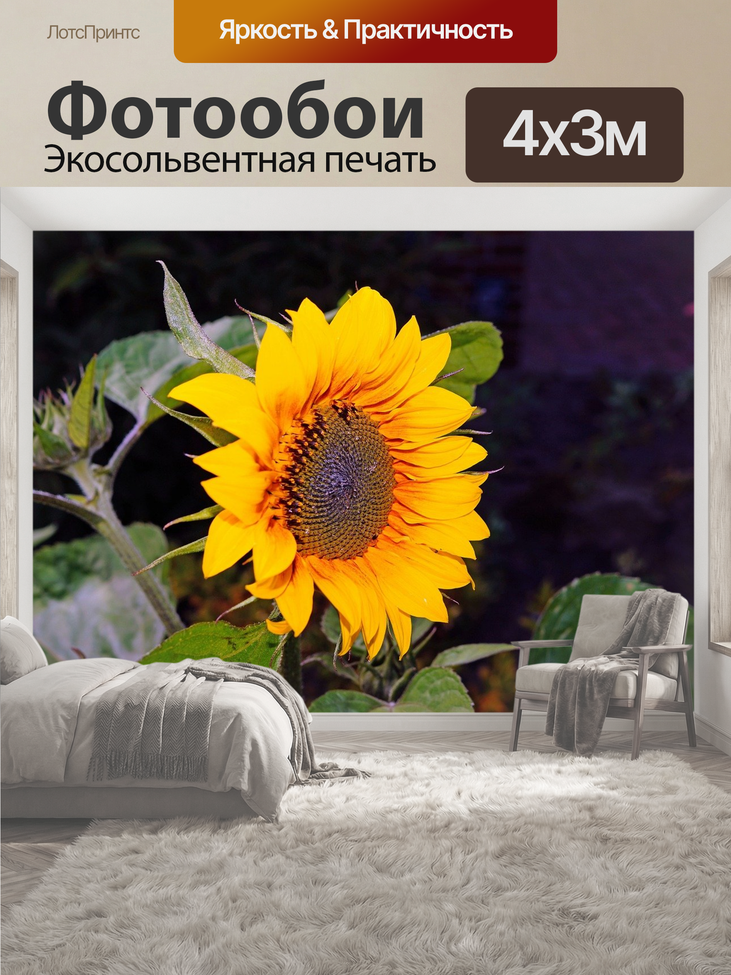 Фотообои "Подсолнух, лучевые соцветия, желтый" 400x300 см. экосольвентная печать