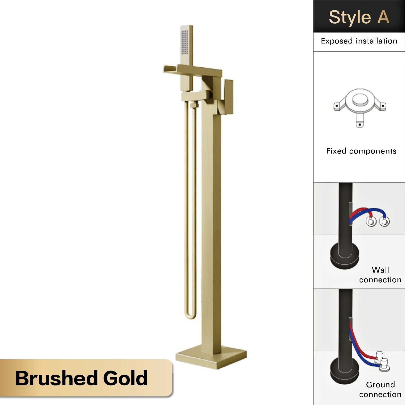 Ручка для ванной AITANA из роскошной черной латунницы, стоящая на полу, с дизайн выхода воды в виде водопада, смеситель для горячей и холодной воды для ванны — Бронзовый золото