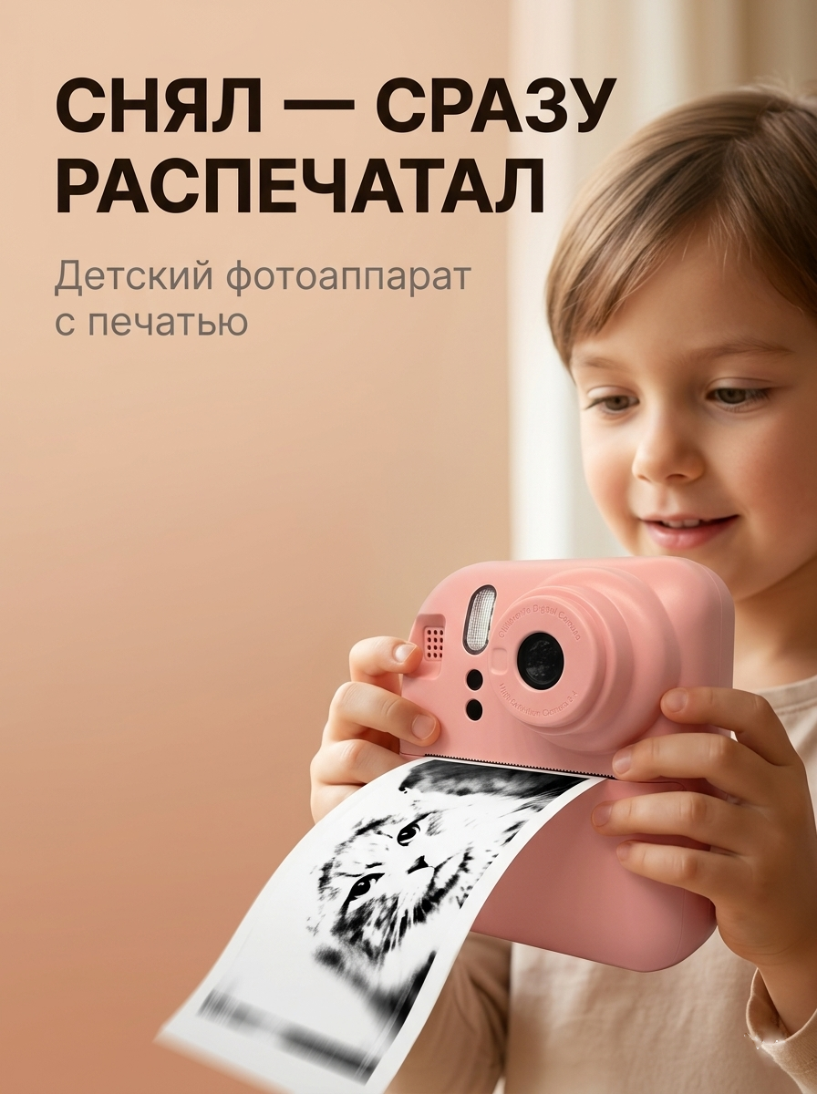 Детский фотоаппарат с моментальной печатью без чернил, термопечать, селфи, LED-вспышка, 32 ГБ, для детей 4-8 лет