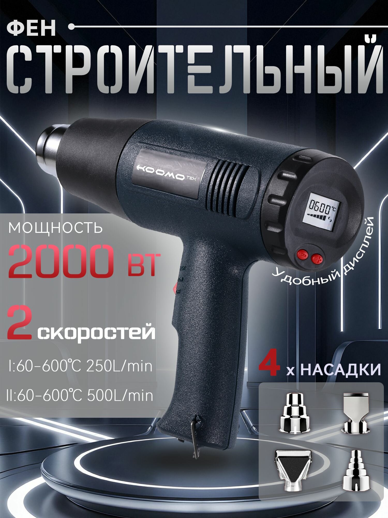 Фен строительный 2000Вт,60-600 градусов регулировкой температуры, Промышленный Строительные фены с защита от перегрева