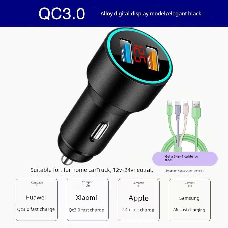Алюминиевый черный автомобильный адаптер QC3.0 с тройным USB-C кабелем для быстрой зарядки