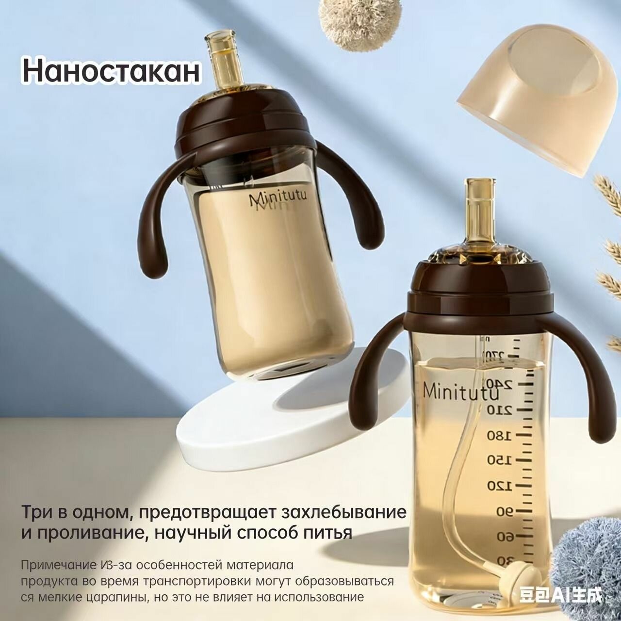 Minitutu Широкий носик нанопоильник 3 в 1 для воды и молока с конструкцией утиного носика, большой емкости и многофункциональной соской.
