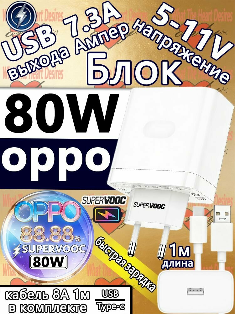 Блок питания для OPPO 80 Вт Supervooc / OPPO Oneplus Realme зарядка для телефона быстрая / c кабелем 8A 1м USB-Type-С быстрая зарядка 80 ватт зарядное устройство