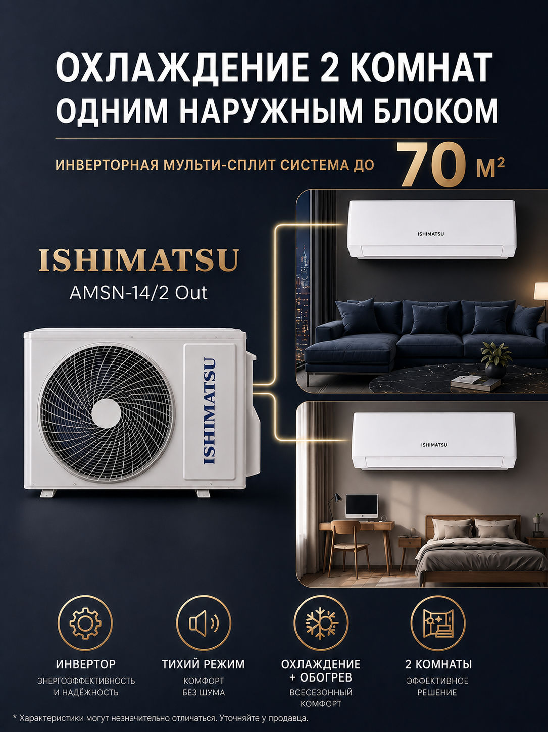 Мульти сплит-система на 2 комнаты ISHIMATSU AMSN-14/2+ISHIMATSU AMS-12+AMS-09 (35 м2 + 30м2)