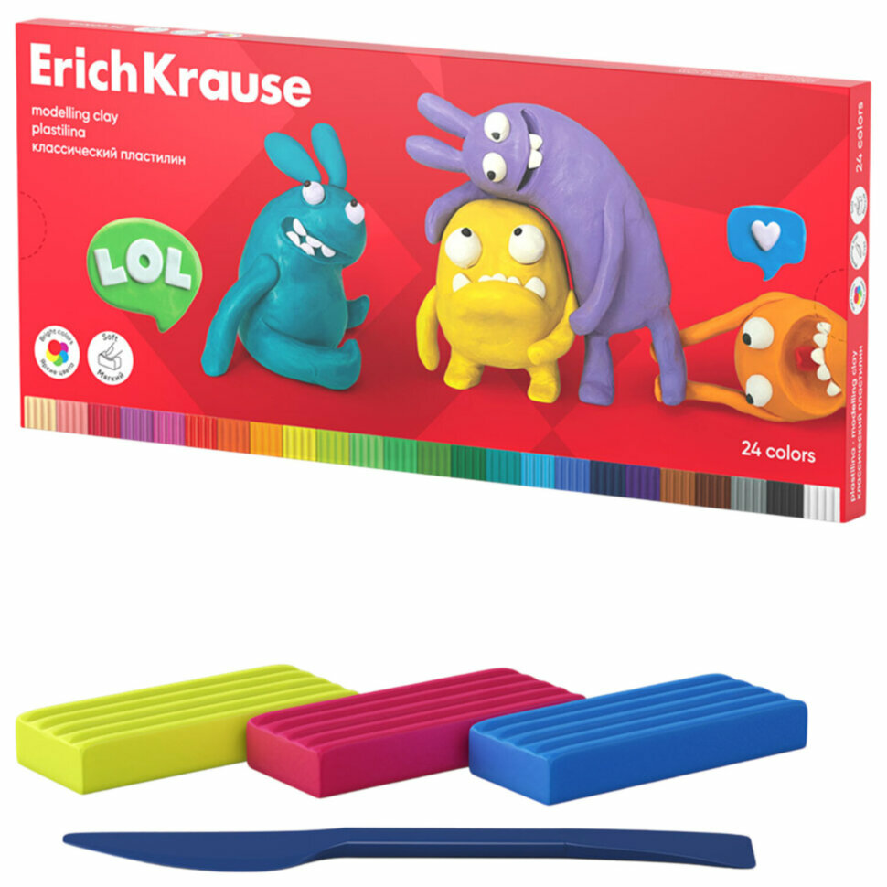 Пластилин классический ERICH KRAUSE "Jolly Friends", 24 цвета, 432 г, со стеком, 61350, 107471