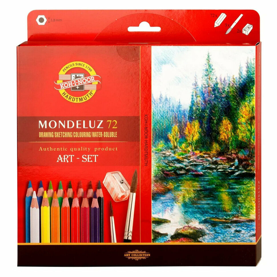 Карандаши цветные акварельные художественные KOH-I-NOOR "Mondeluz", 72 цвета, кисть, точилка, европодвес, 3714/72, 3714072001KZ, 182179