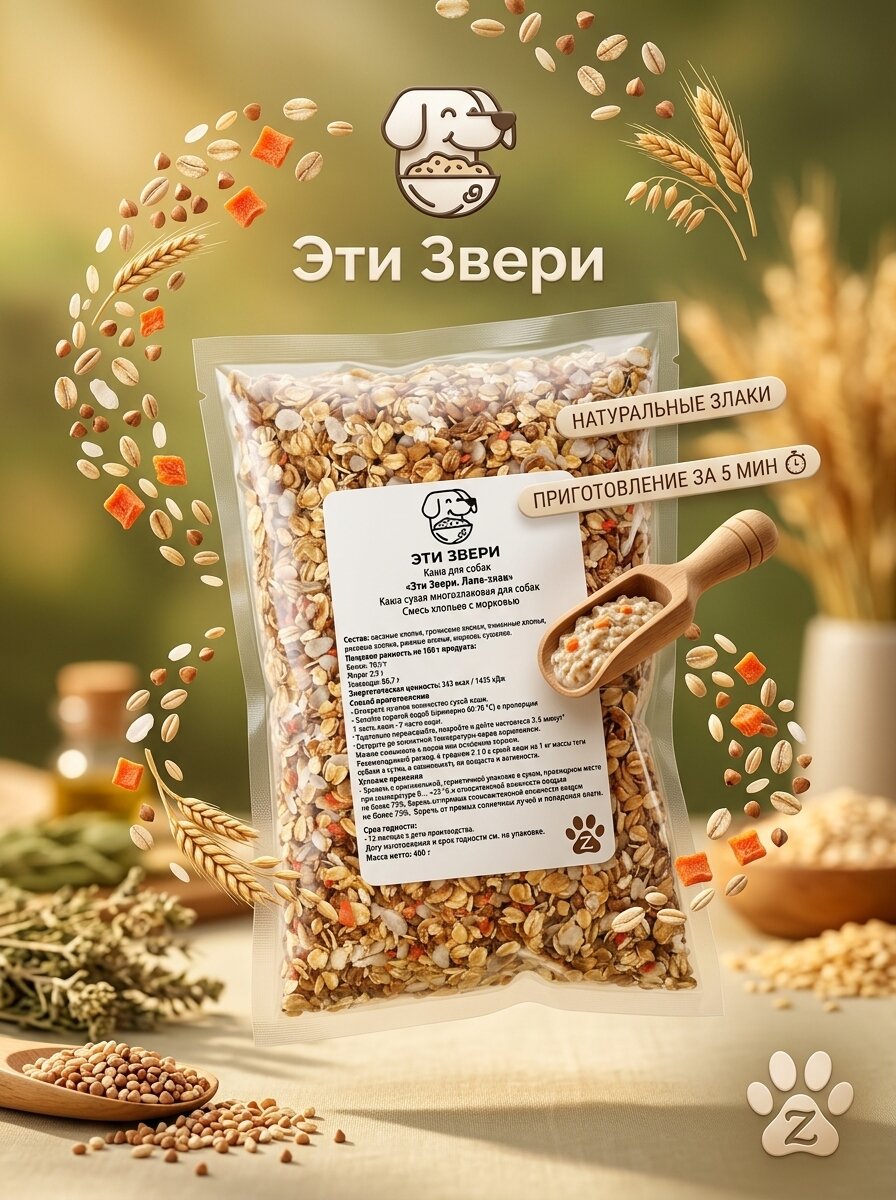 Каша для собак Эти Звери "Лапа-Злак", 400 г, многозлаковая, с морковью