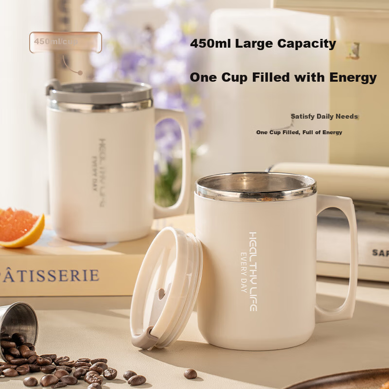 CAIZHI (CAIZHI) 304 Stainless Steel Water Cup Mark Cup Coffee Cup with Lid Household Double-Layer Anti-Scalding Drinking Cup Coffee White CZ6228