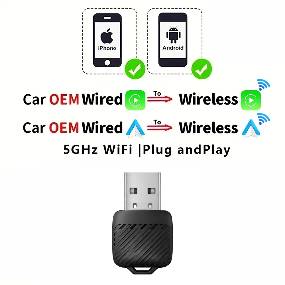 Беспроводной адаптер CarPlay Android Auto 2-в-1 Smart Dongle 2025 5G WIFI для iPhone, телефонов Android, Volvo, Mercedes-Benz, MG, Kia, Chery и Volkswagen