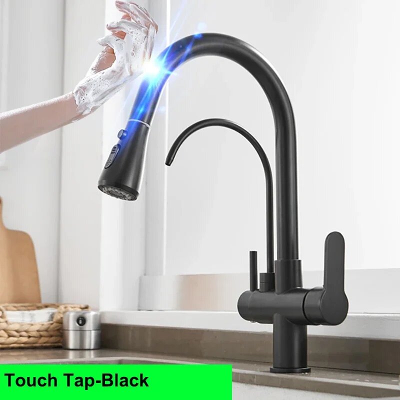 Кухонный смесительный кран с фильтром "Waterfall Touch" из латунью, горячая и холодная вода, вытаскиваемый кран для кухонной мойки, 3-путевой сенсорный фильтрующий кухонный кран