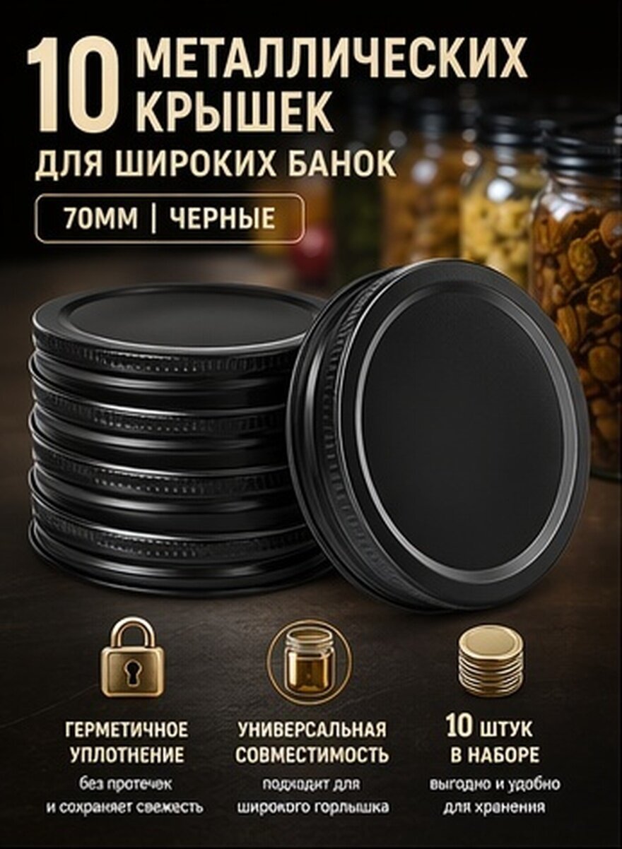 Крышки Для Консервации 10 Шт Металлические Крышки Для Банок С Уплотнением 70Mm Чёрные 7.00X7.00X1.50Cm