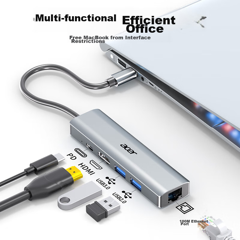 Acer Type-C Network Expansion Dock, USB-C to HDMI Cable, 4K HD Screen Mirroring, Compatible with Apple Laptops, MacBook, Huawei Converter, Expansion Dock, Splitter