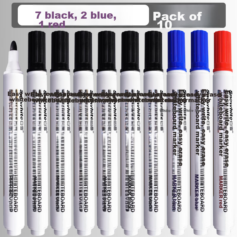Snowhite Erasable Whiteboard Marker Set, Office Supplies, Markers for Meetings, 7 Black 2 Blue 1 Red, 10 Pieces/box, WB568