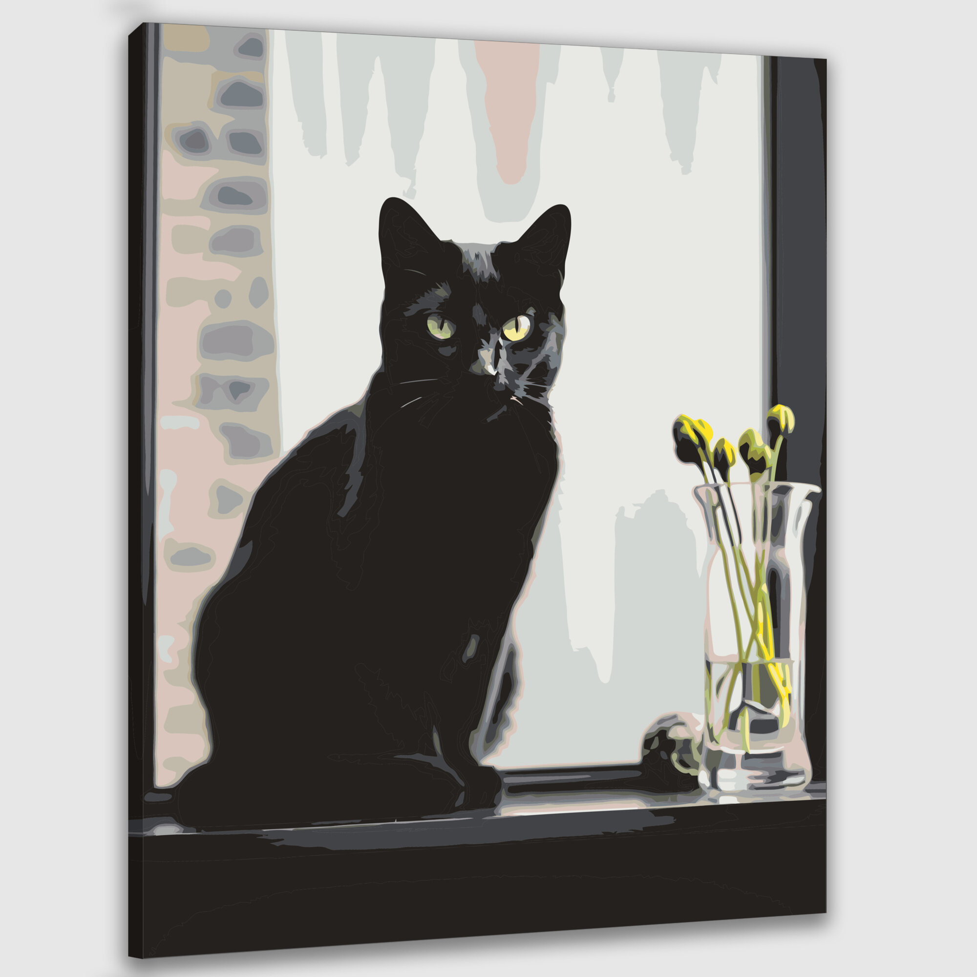 Картина по номерам 40x50 см, кошка, черная, фотография, подоконник, глаза, зеркало, комната, любопытство
