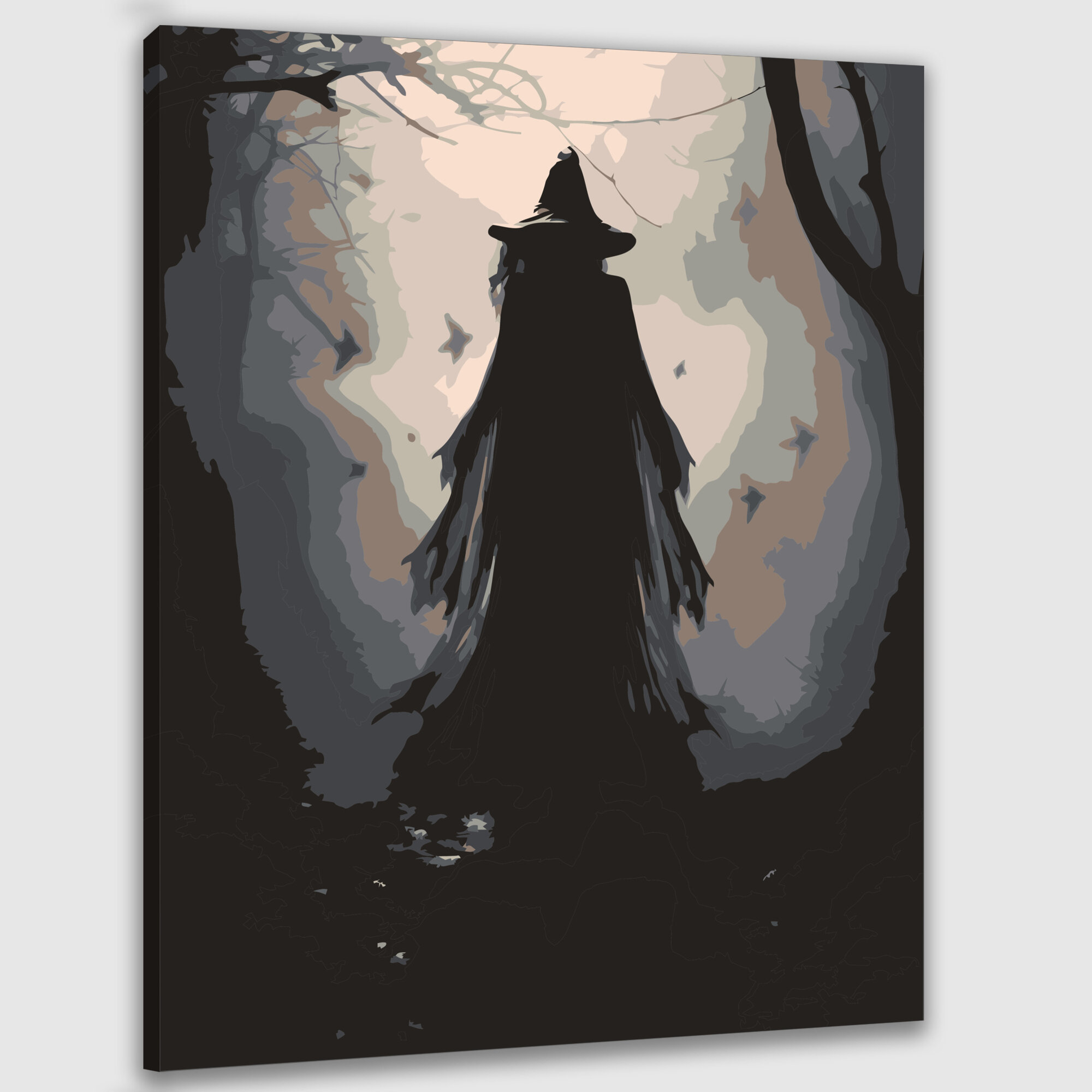 Картина по номерам 40x50 см, ведьма, Хэллоуин, фотография, костюм, черно-белая, жуткая, атмосфера, туманный лес, плащ