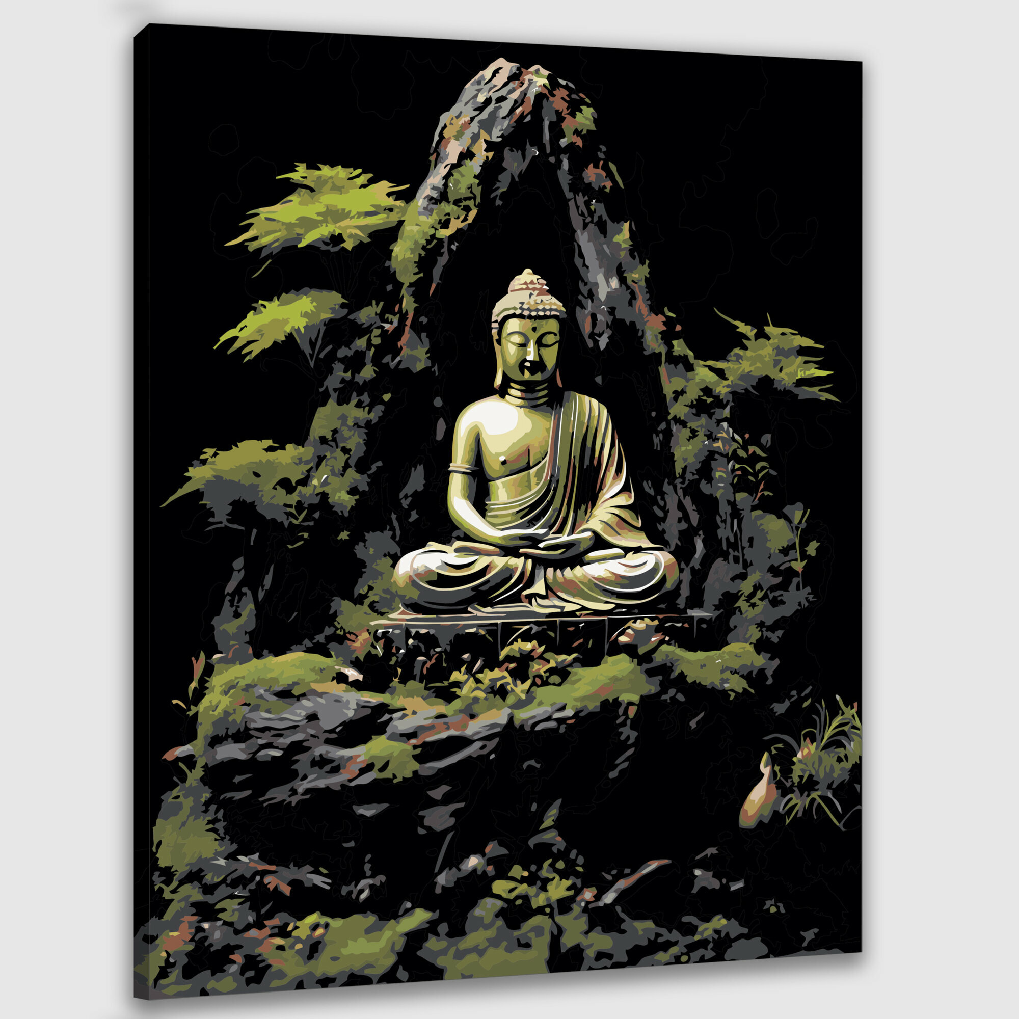 Картина по номерам 40x50 см, смешанная техника, трехмерная скульптура, Будда, дерево, сусальное золото, сад Дзен