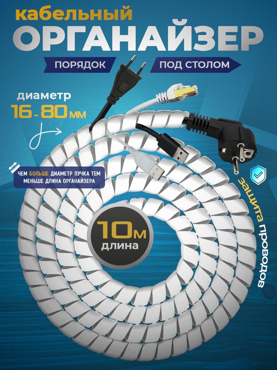 Органайзер для проводов, Защита провода, Спиральная обмотка для проводов - белый 10 метров от 16 мм
