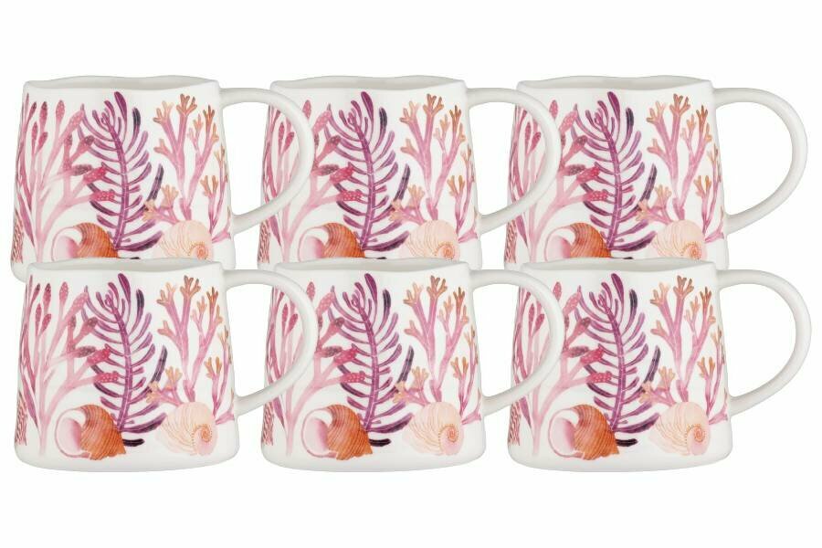 Набор 6 кружек, 380 мл, фарфор P, бело-розовая, Морская жизнь, Ocean Life (Maxwell&Williams)