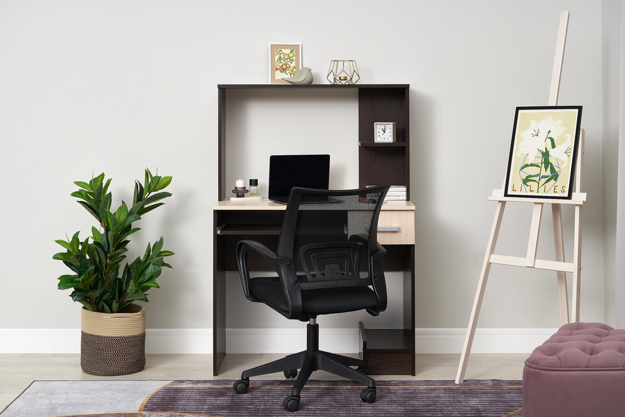 Стол компьютерный №3 Дуб беленый/венге, ЛДСП, с полками, с 1 ящиком, столешница 90 х 50 см. .