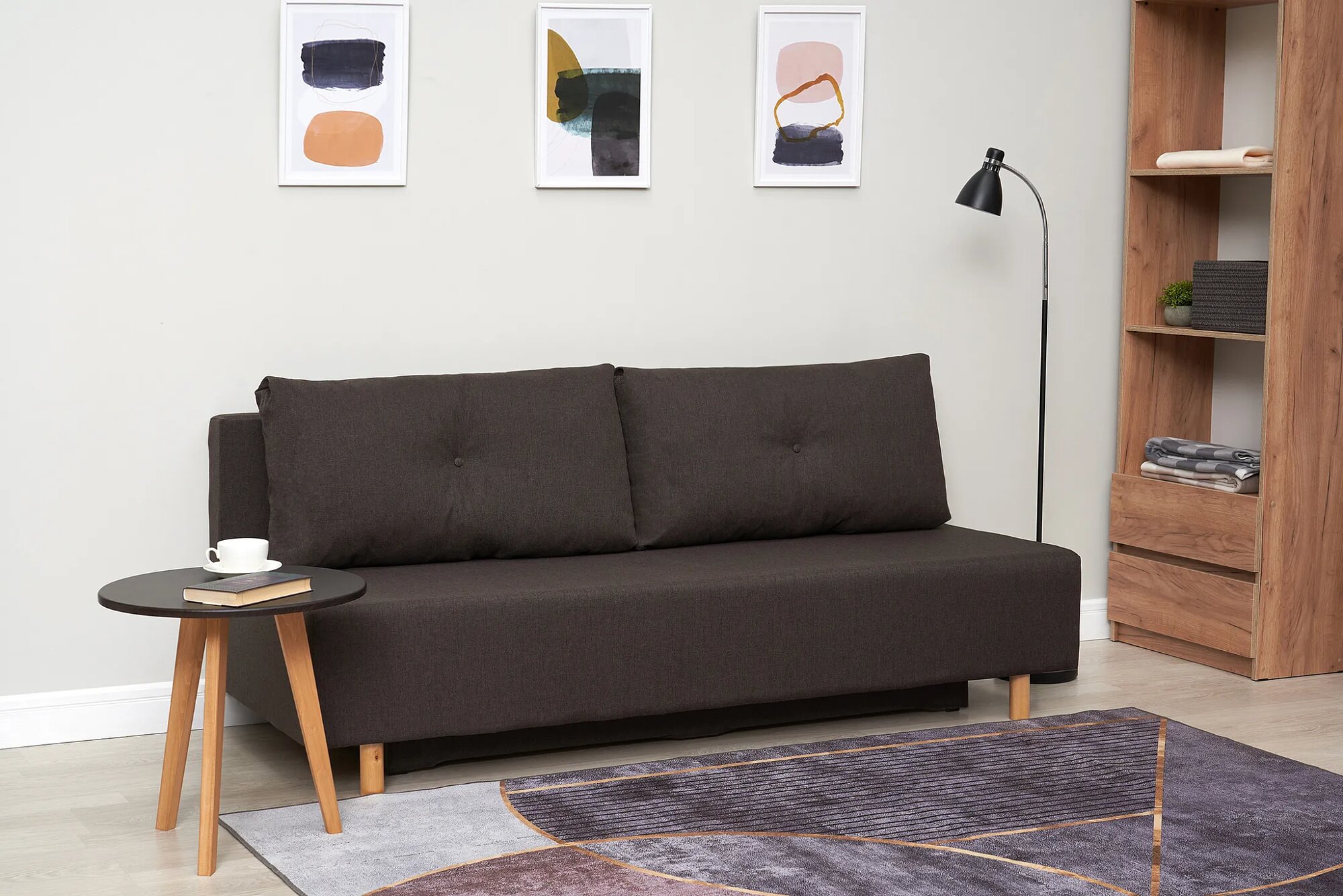 Диван Интер Еврокнижка, коричневый, ткань рогожка, с ящиком для белья, на ножках 12см