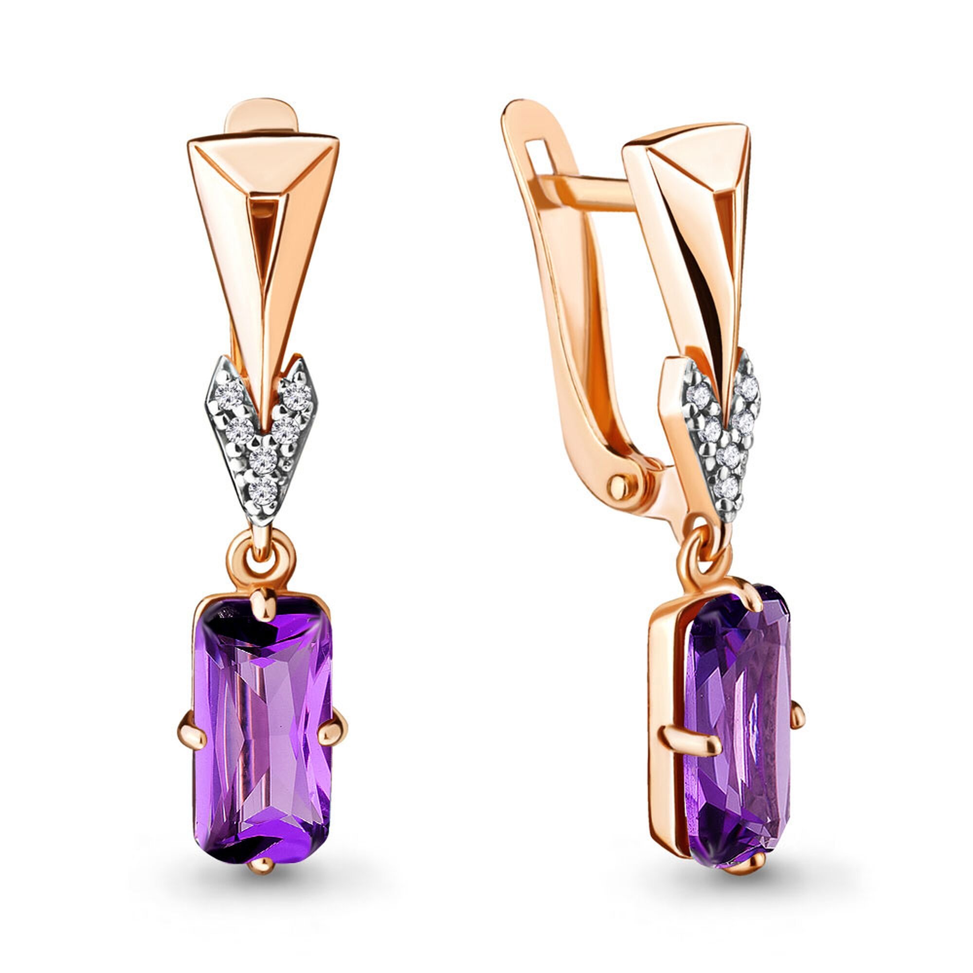 Серьги, серебро, 925 проба, золочение, фианит, аметист