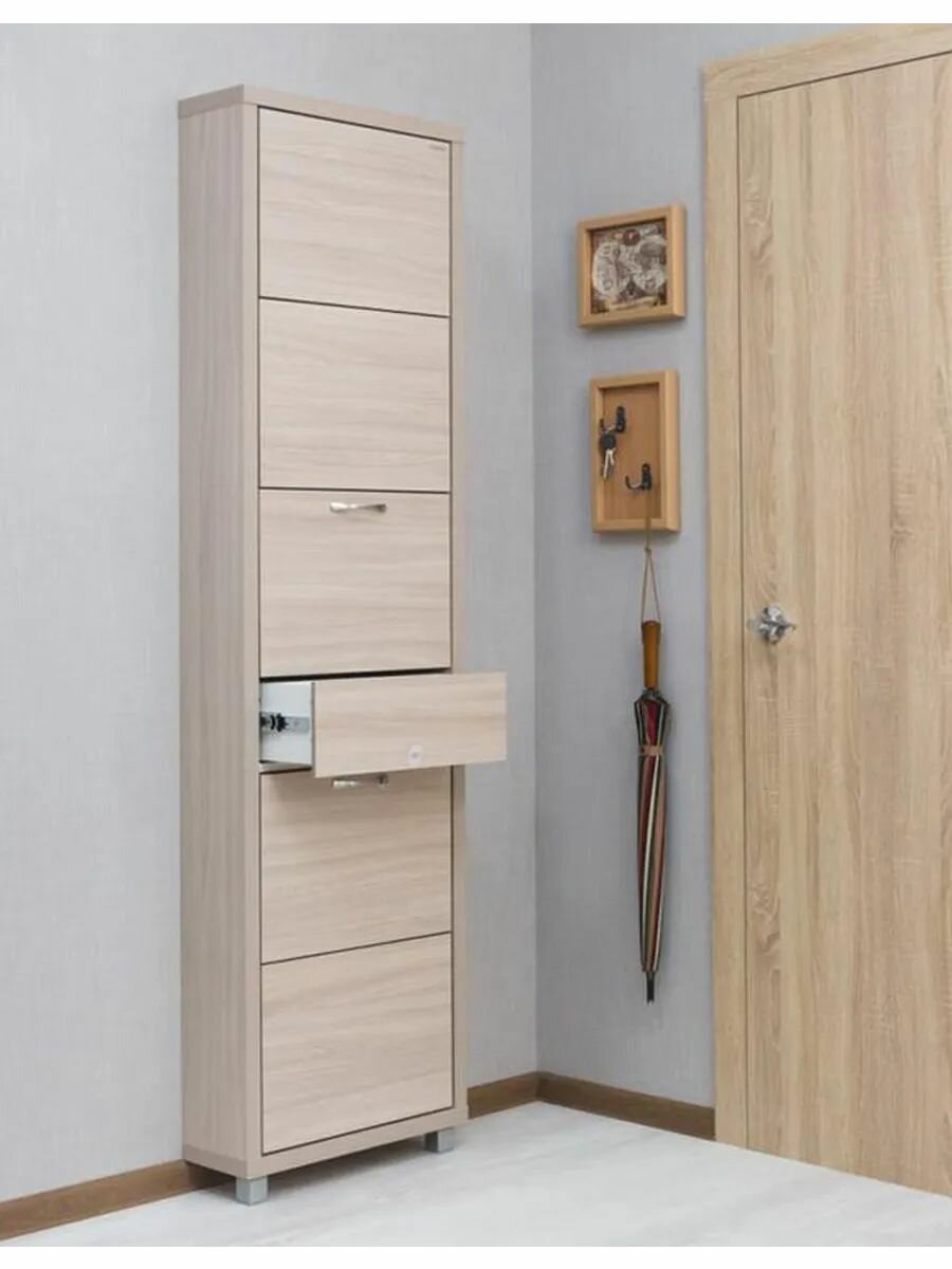 Обувница Люкс Плюс 5 с откидными дверцами, с ящиком, 54.5х19х191 см, Ясень Шимо светлый