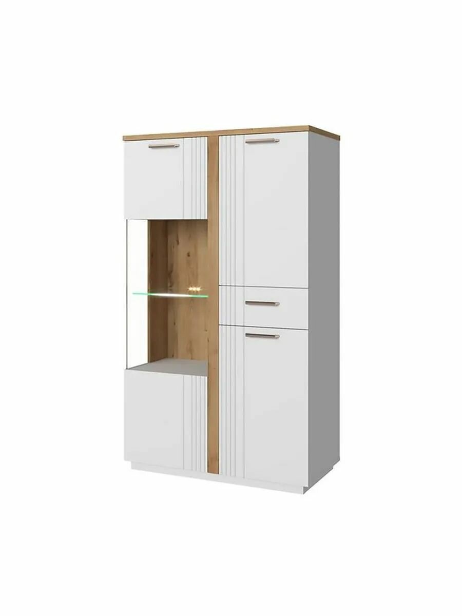 Шкаф-витрина Матео комби с полками, с ящиком, 86.2х40.2х147 см, Белый / Дуб Наварра