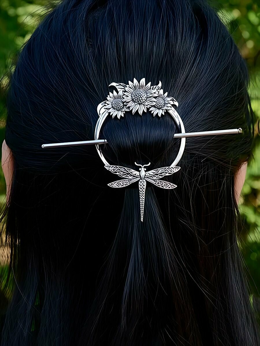 Кельтская заколка - фибула для волос Подсолнухи и стрекоза