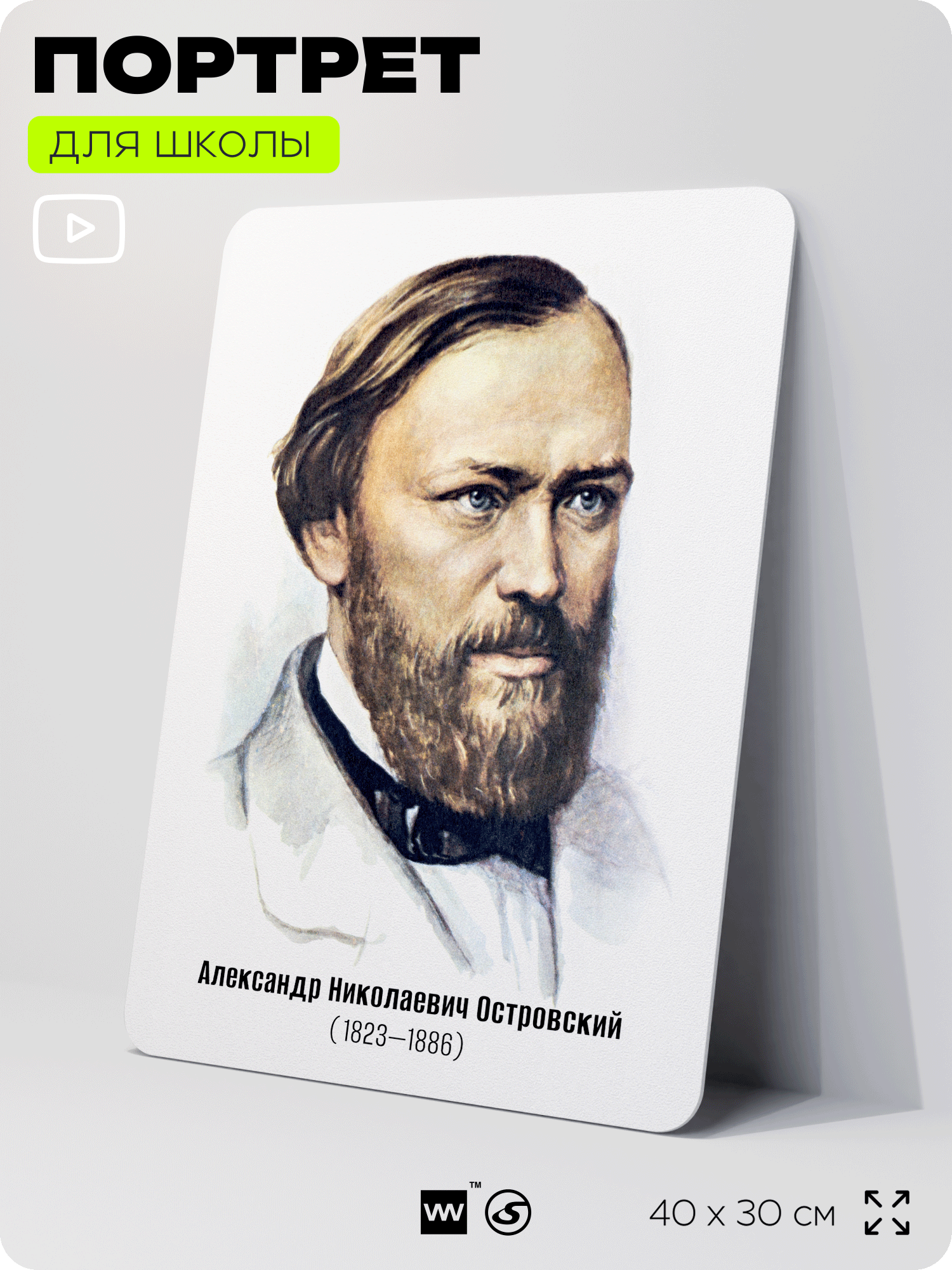 Портрет для школы в кабинет литературы и русского языка "Островский Александр Николаевич", стенд школьный для класса, для оформления классного уголка, 40х30 см, Silver Plane x Айдентика Технолоджи