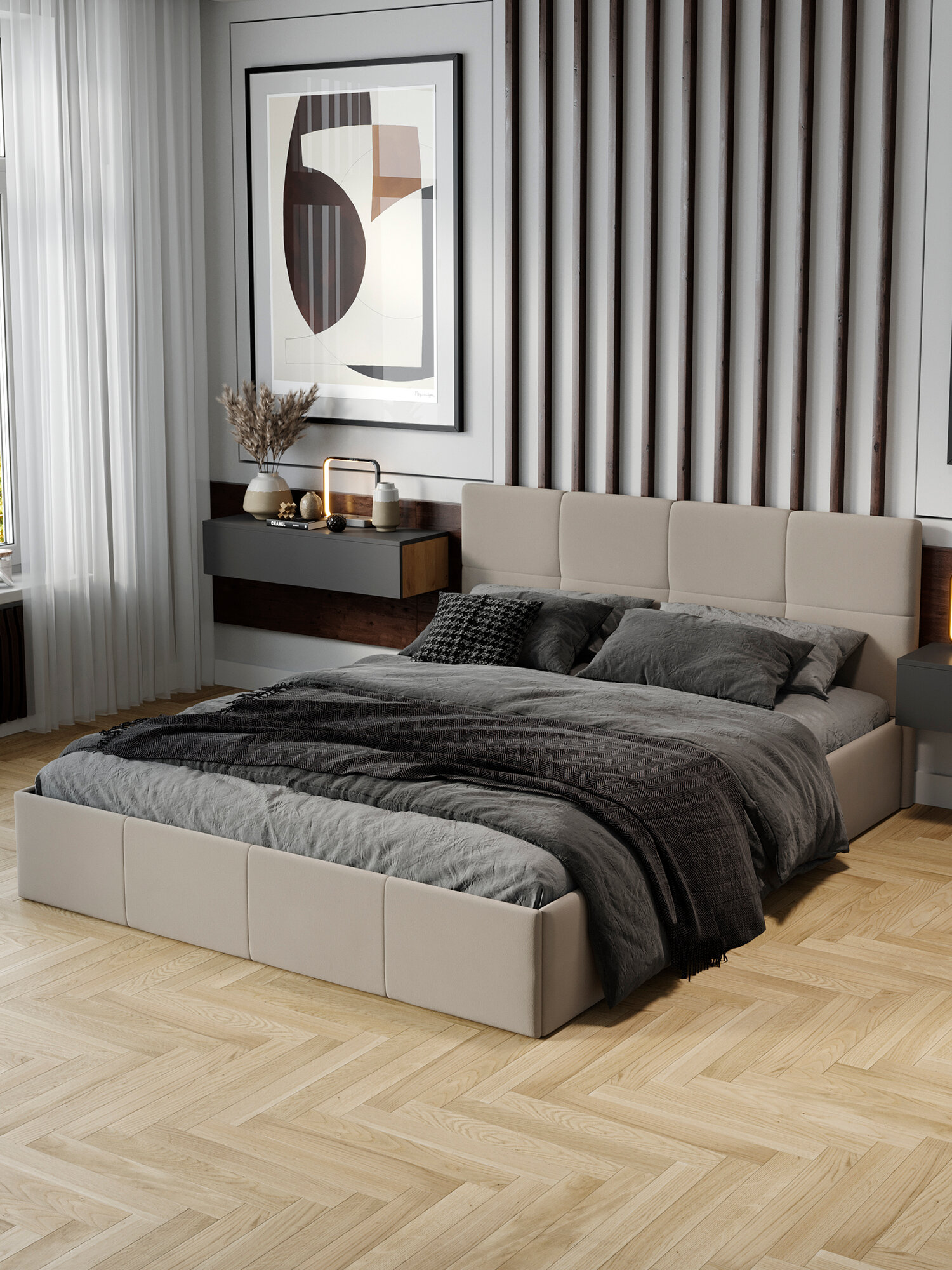 Кровать двуспальная FRENT 160х200 с подъемным механизмом, Мона, Велюр Confetti Cream