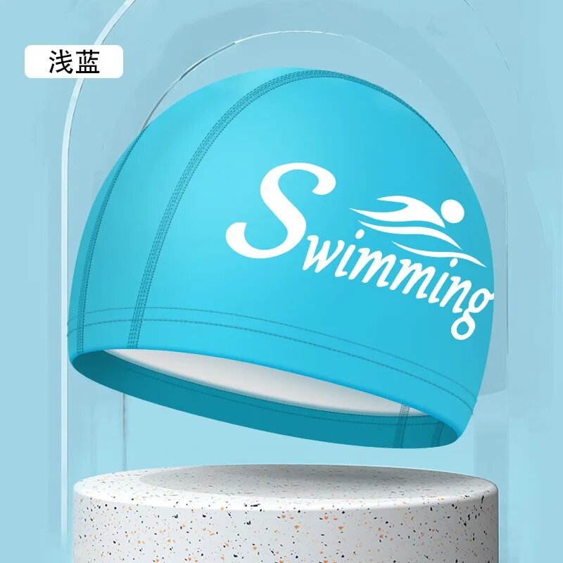 Водонепроницаемые шапочки для плавания из искусственной кожи с буквенным принтом 605-Lake Blue