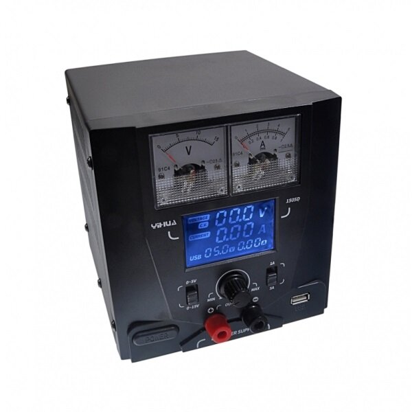 Лабораторный блок питания YIHUA1505D; 0 - 15V, ток (0 - 5A) Мощность 120 Вт, LED дисплей, USB с быстрой зарядкой