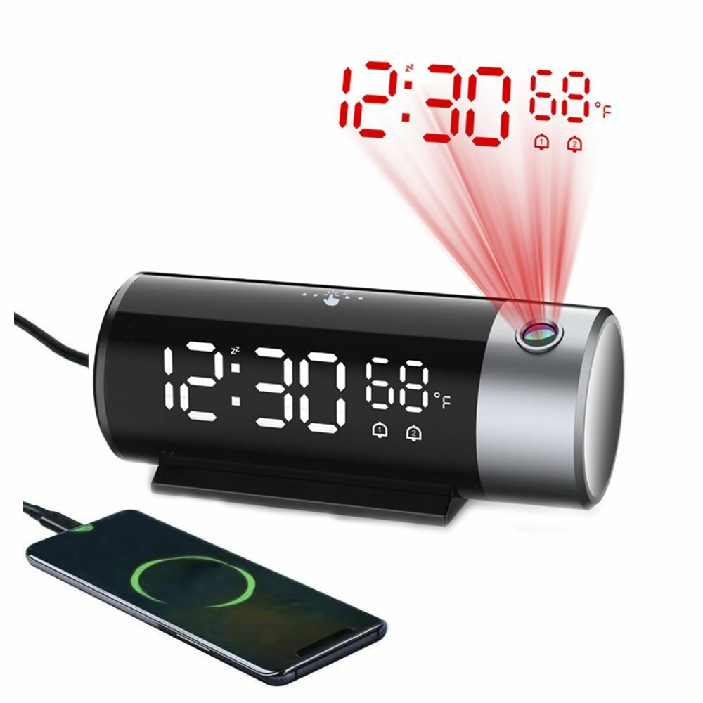 Проекционные настольные часы с термометром и двойным будильником — проекция времени и температуры на потолок, USB