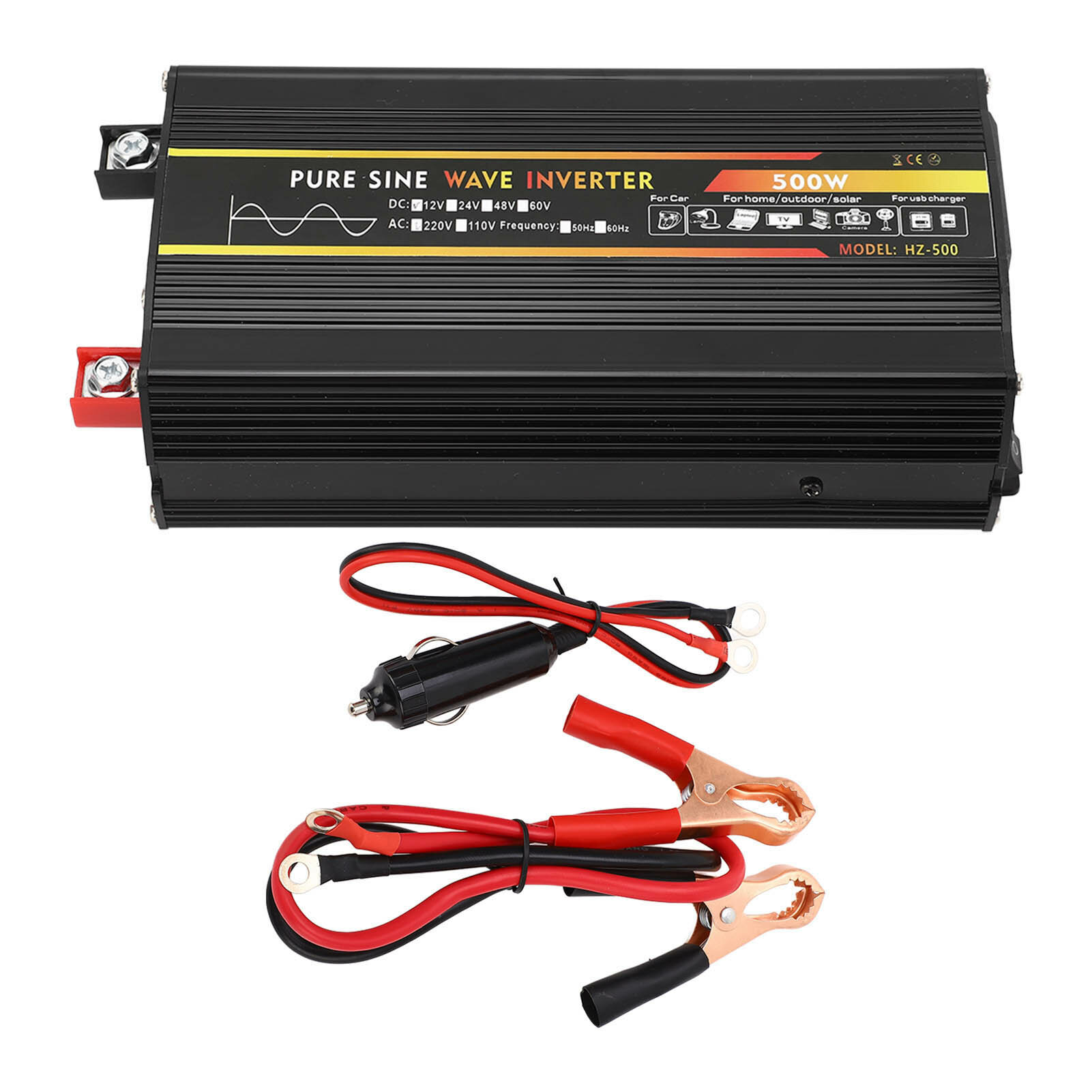Инвертор мощности 500 Вт, чистая синусоида, 1 универсальная розетка, 2 USB-порта, автомобильный инвертор со светодиодным экраном, от 12 В постоянного тока до 220 В переменного тока