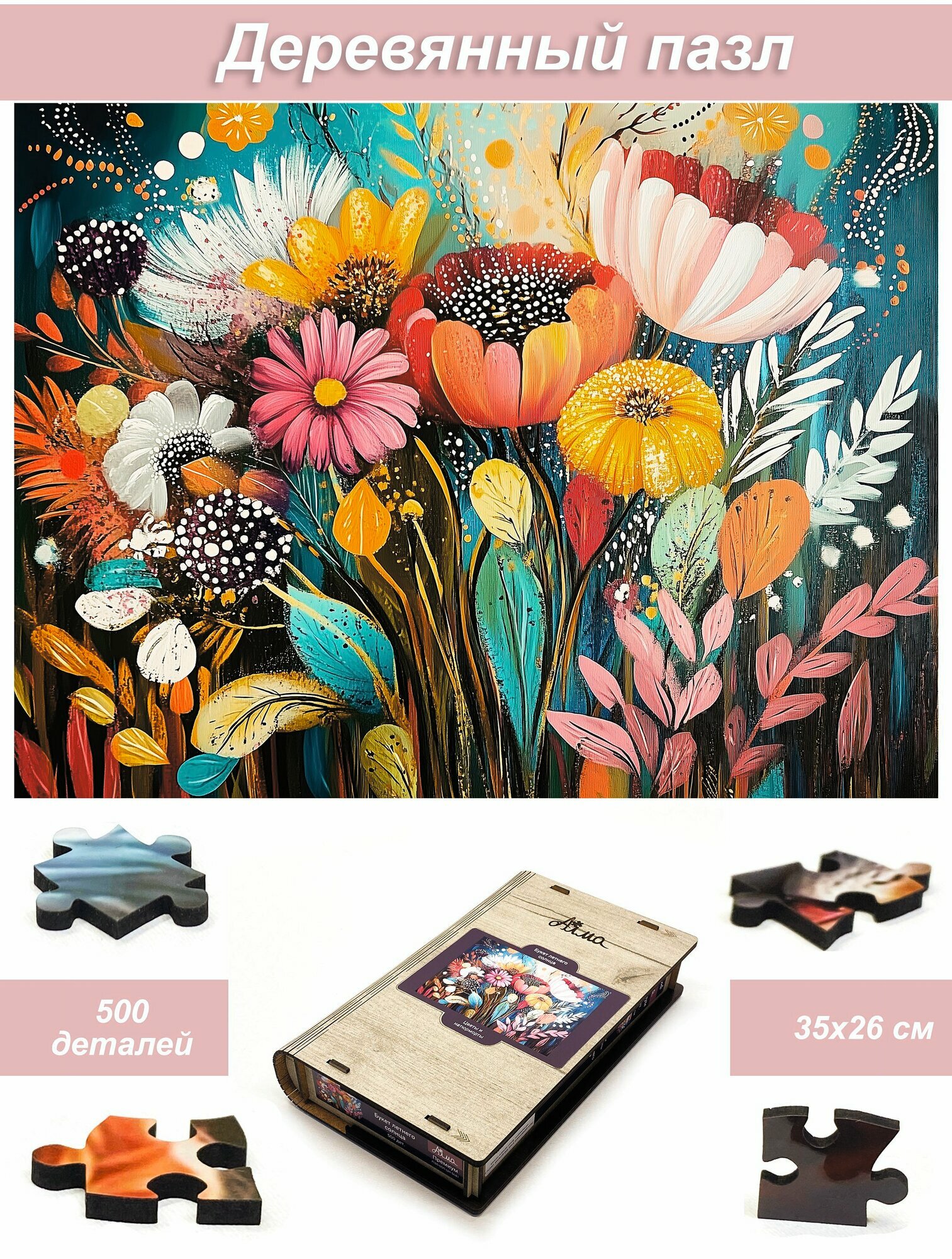 Пазл деревянный для взрослых Алма 500 деталей. Цветы и натюрморты. Букет летнего солнца.
