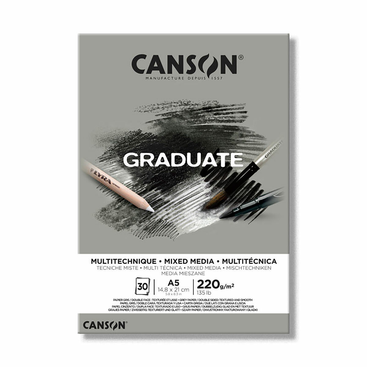Canson Альбом для смешанных техник Graduate Mix Media 220 г/м2 A5 14.8 х 21 см склейка с одной стороны 30 л. C400110370 Серый