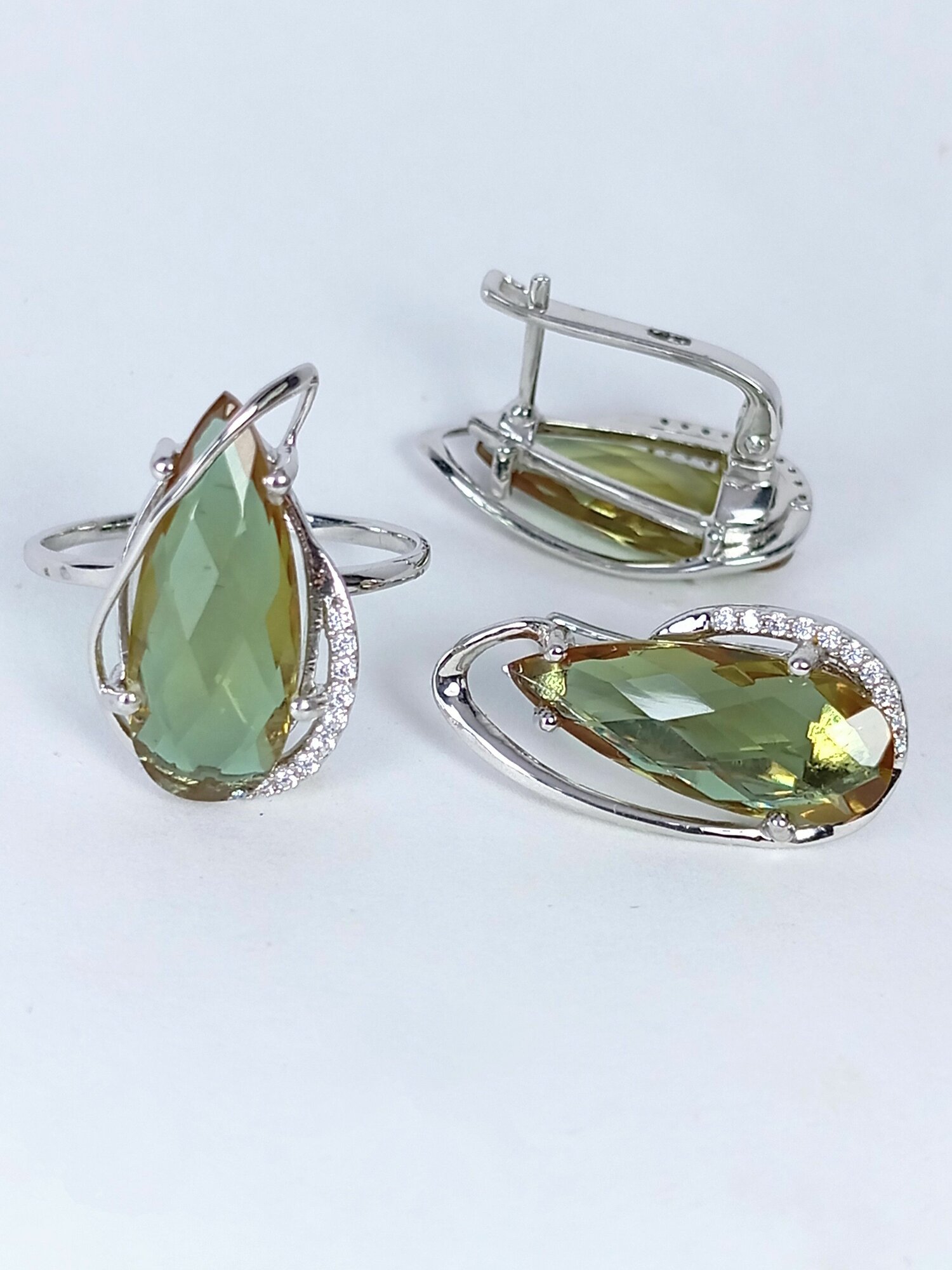 Ювелирный комплект, серебро, 925 проба, родирование, султанит, фианит