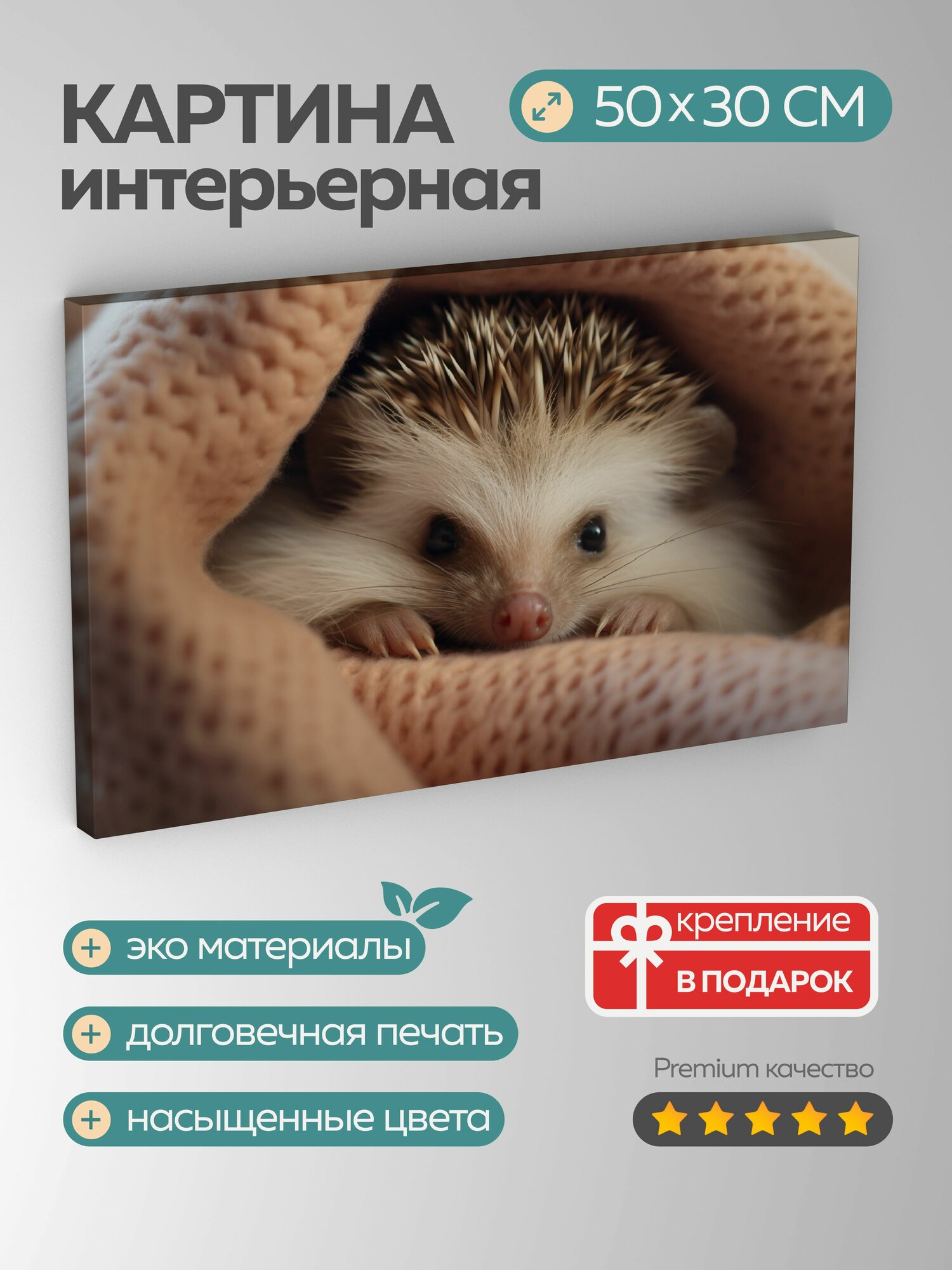 Картина на холсте интерьерная 50х30 см, ежик, фотография, калачик, одеяло, носик, солнечный свет, окно