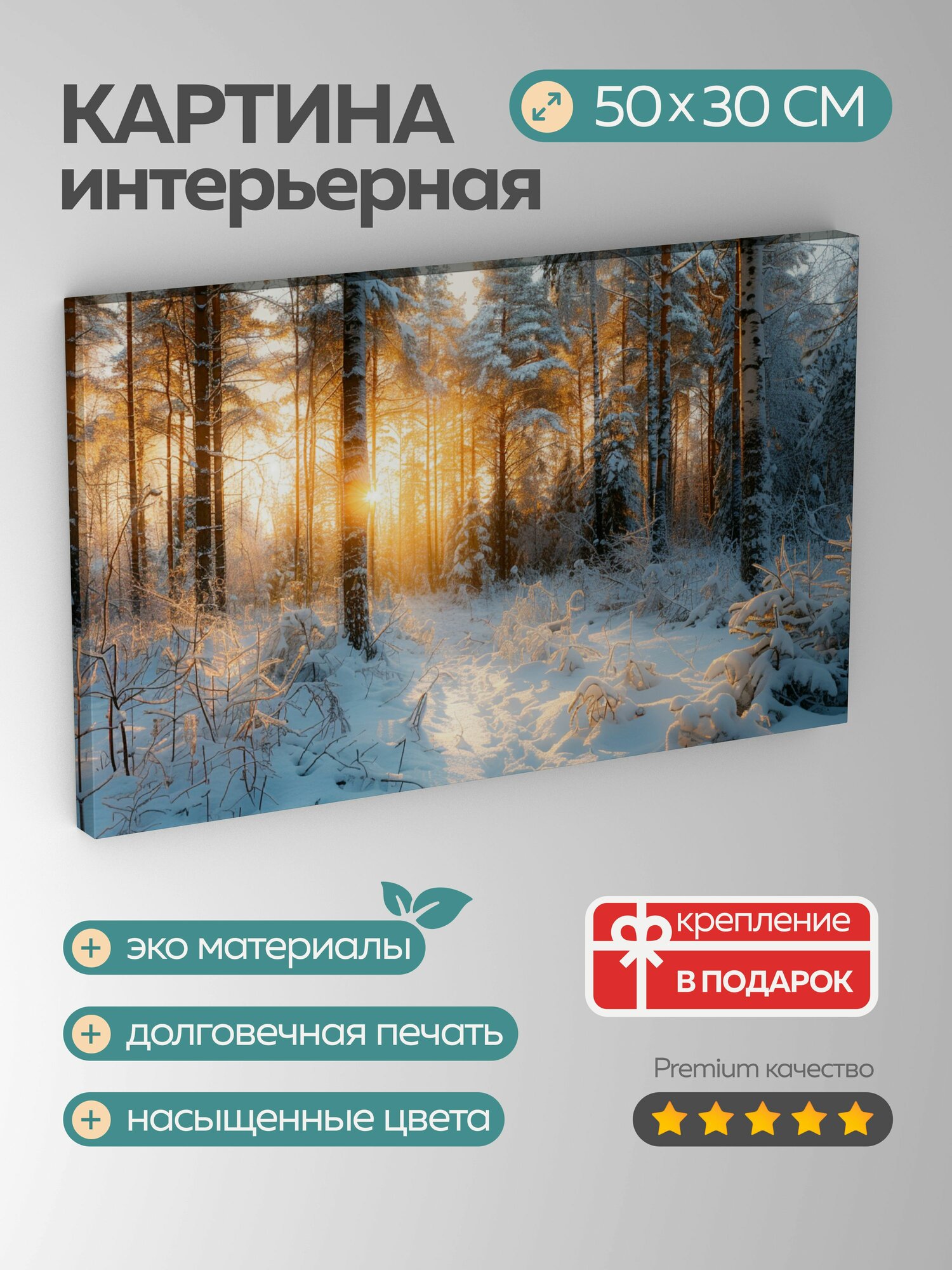 Картина на холсте интерьерная 50х30 см, Лес, зима, снег, солнце, свет, Canon EF 24-70mm f, 2.8L I, разрешение 35 мм, f