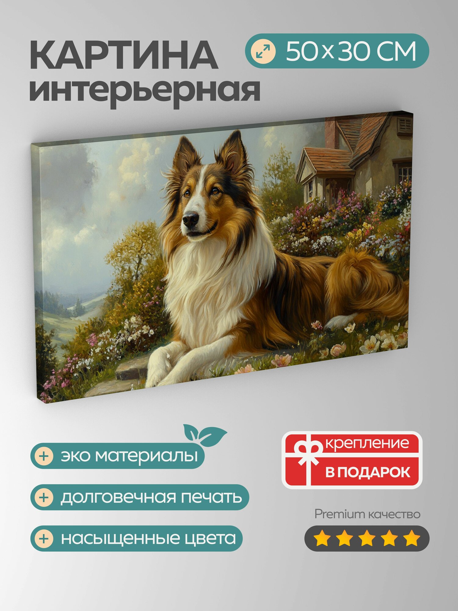 Картина на холсте интерьерная 50х30 см, собака, колли, портрет, масло, благородный, покровительственный