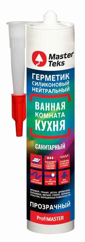 Герметик силиконовый MasterTeks для ванной комнаты и кухни нейтральный прозрачный 280 мл