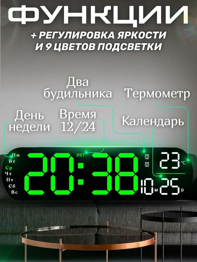 Настенные часы, пластик, арабские цифры, LED, с подсветкой, USB-кабель 3 м