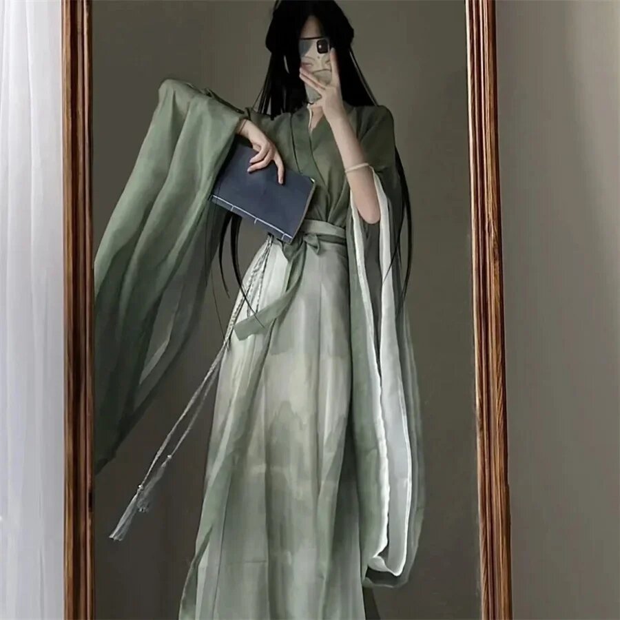 Женский традиционный костюм ханьфу синего цвета Темно-зеленый, XXXL, green