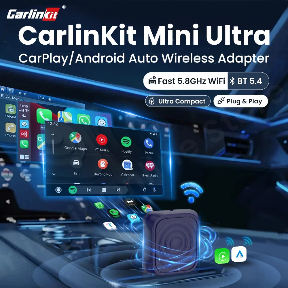 Беспроводной адаптер CarlinKit Mini Ultra CarPlay Android auto для обновления автомобильной інформационной развлечений BT 5,4 ГГц Wi-Fi 5,8 ГГц обновление OTA