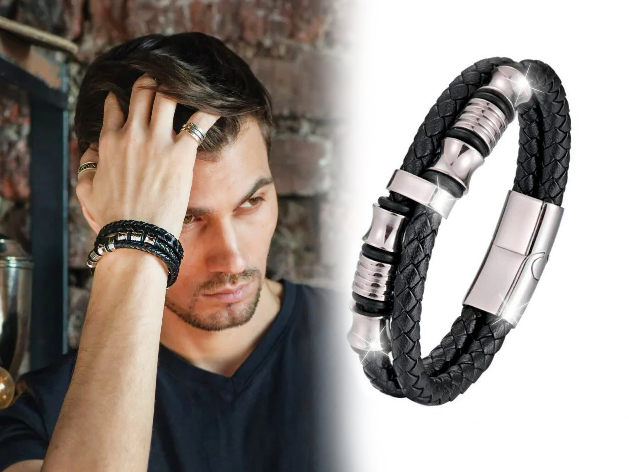 Браслет, кожа, металл, каучук