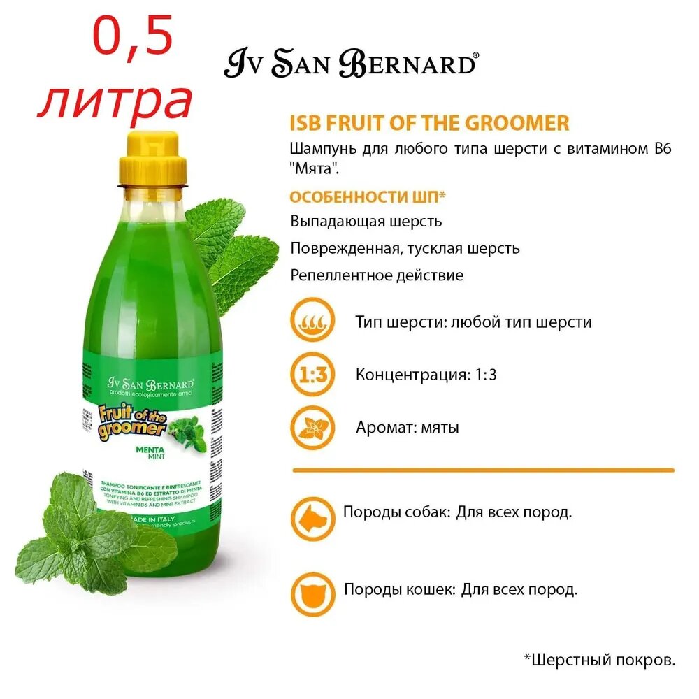 Шампунь Iv San Bernard Fruit of the Groomer Mint для кошек и собак с любым видом шерсти с витамином В6 , 500 мл