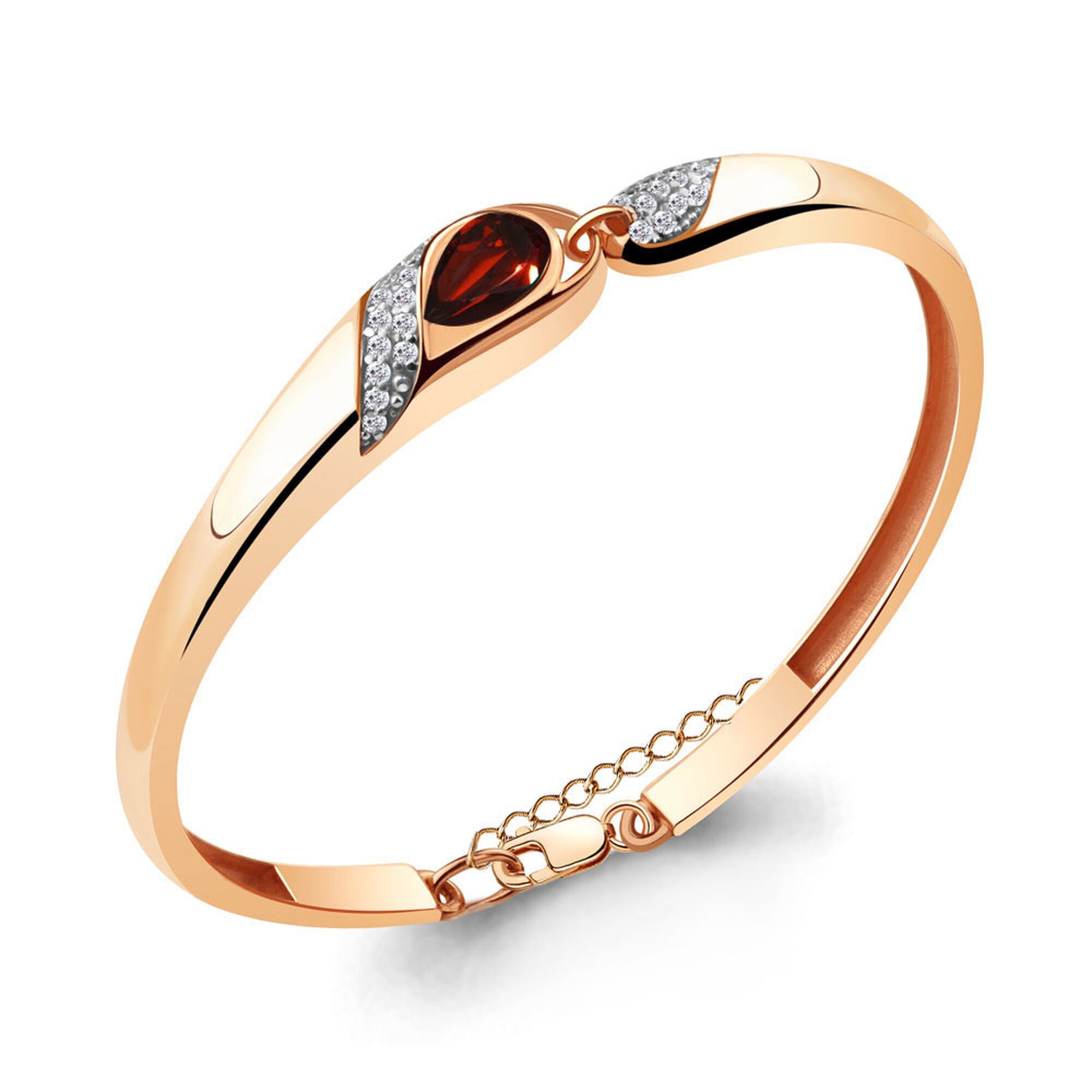 Жесткий браслет, серебро, 925 проба, золочение, гранат, фианит