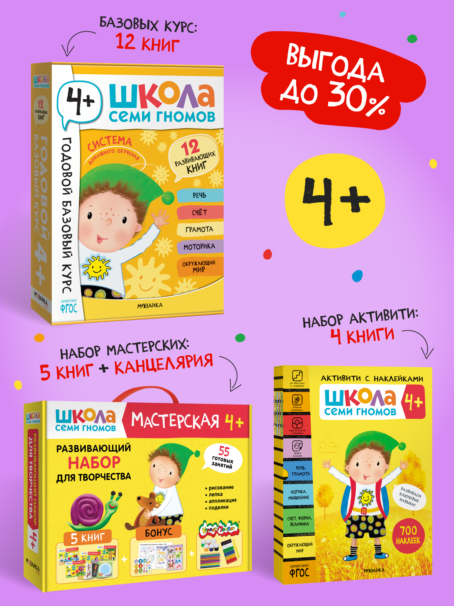 Набор развивающих книг "Школа Семи Гномов" для детей 4+, Базовый курс + Активити + Мастерские с канцелярией